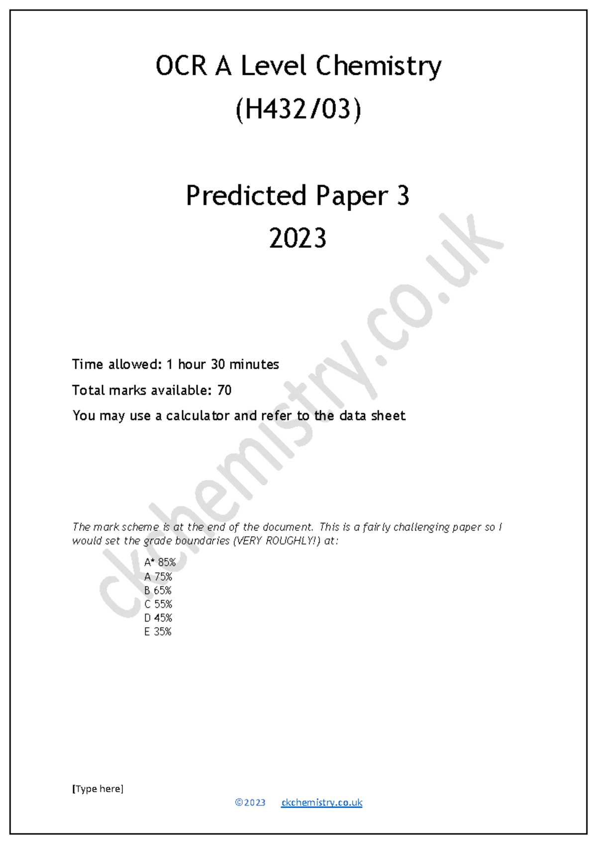 Paper 3 predicted OCR A 2023 - [Type here] OCR A Level Chemistry (H432/0 3 ) Predicted Paper 3 ...