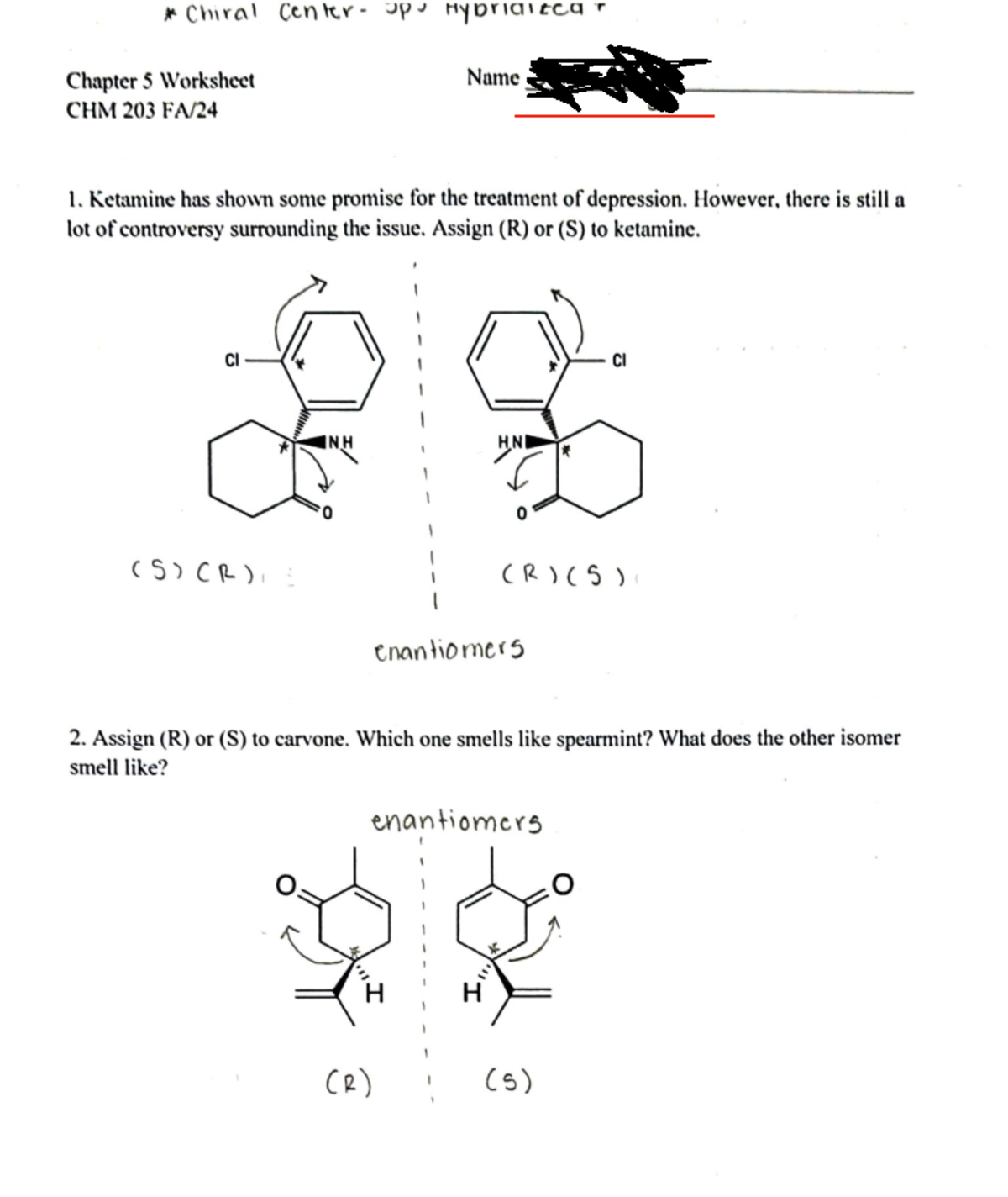 Chapter 5 worksheet - Chirality, steriosmers - Chiral Center- up ...