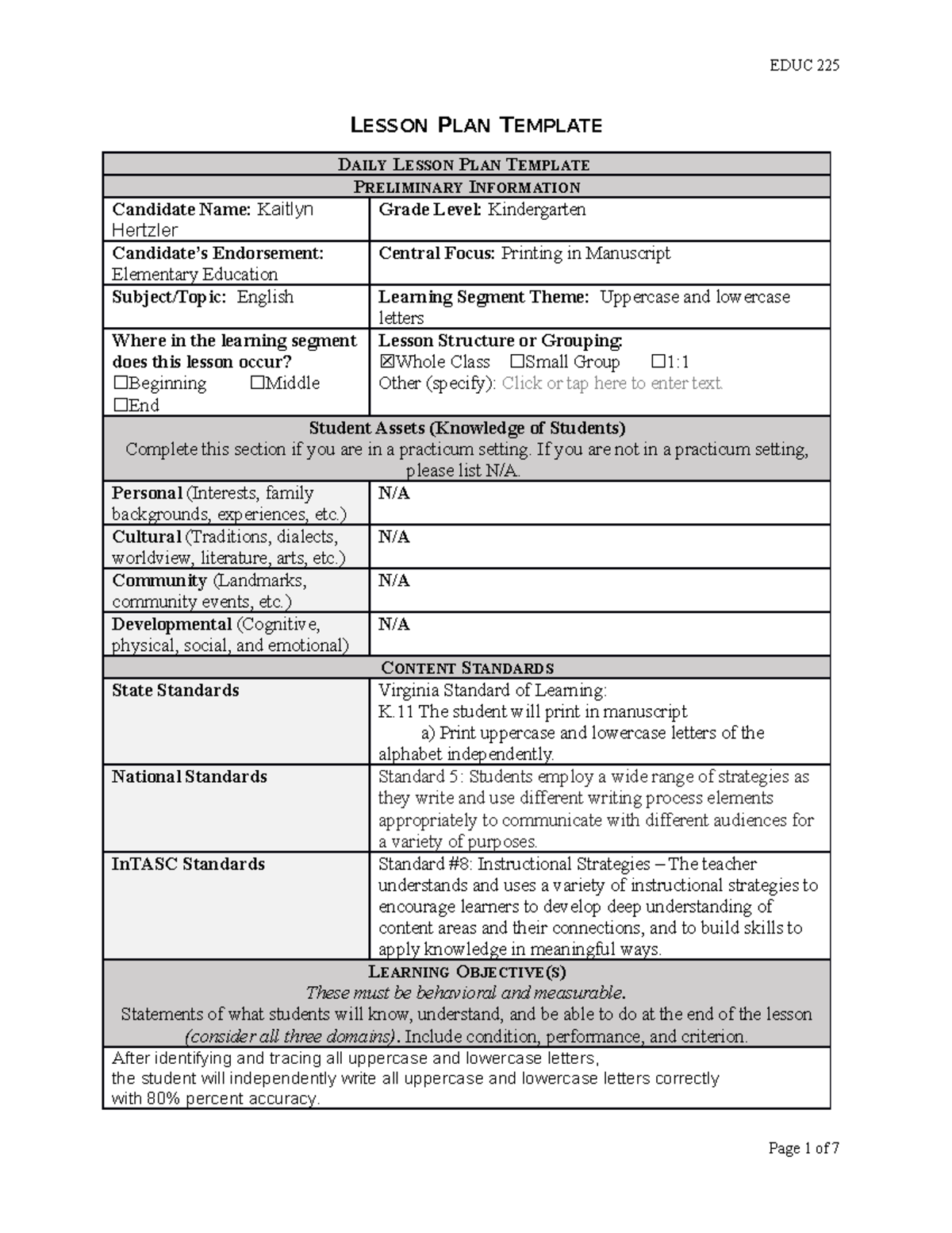 EDUC225 Lower Elem Lesson Plan - LESSON PLAN TEMPLATE DAILY LESSON PLAN ...