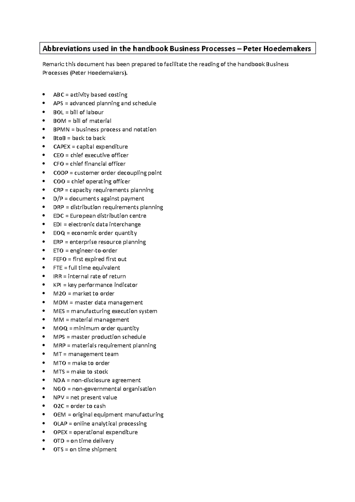 Abbreviations used in the handbook Business Processes - ABC = activity ...