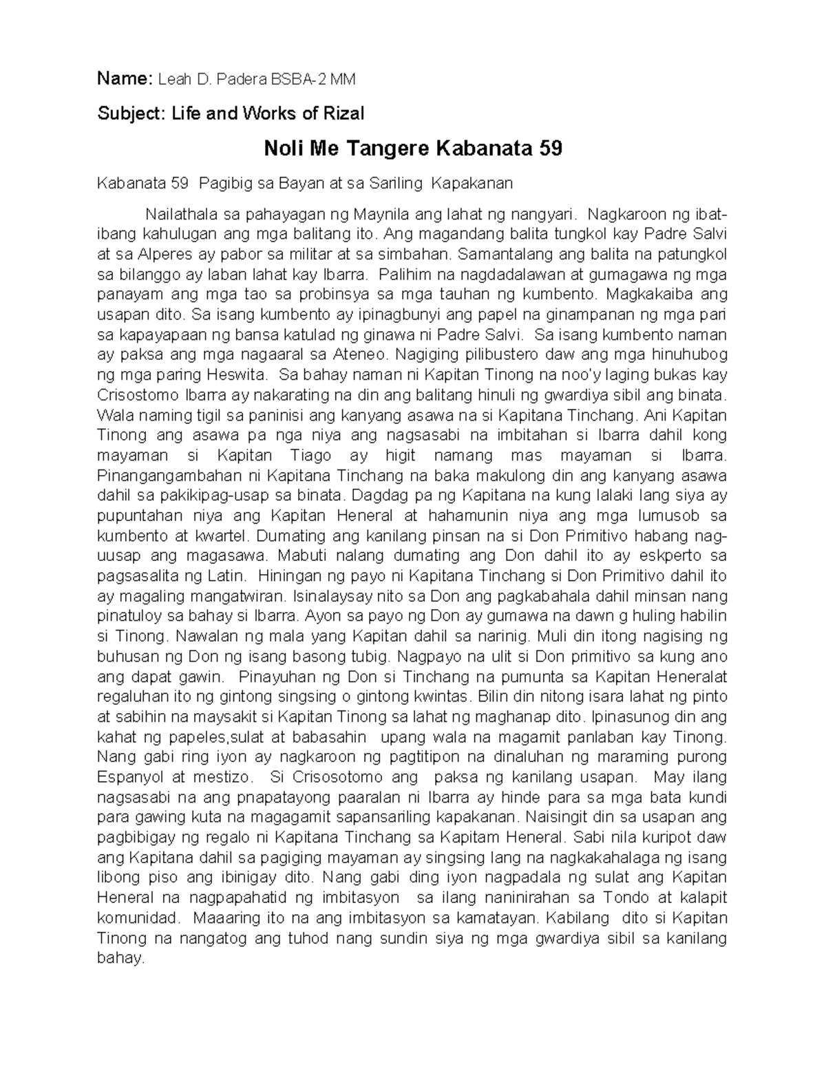 Kabanata 59 Pagibig sa Bayan at sa Sariling Kapakanan - Name: Leah D ...