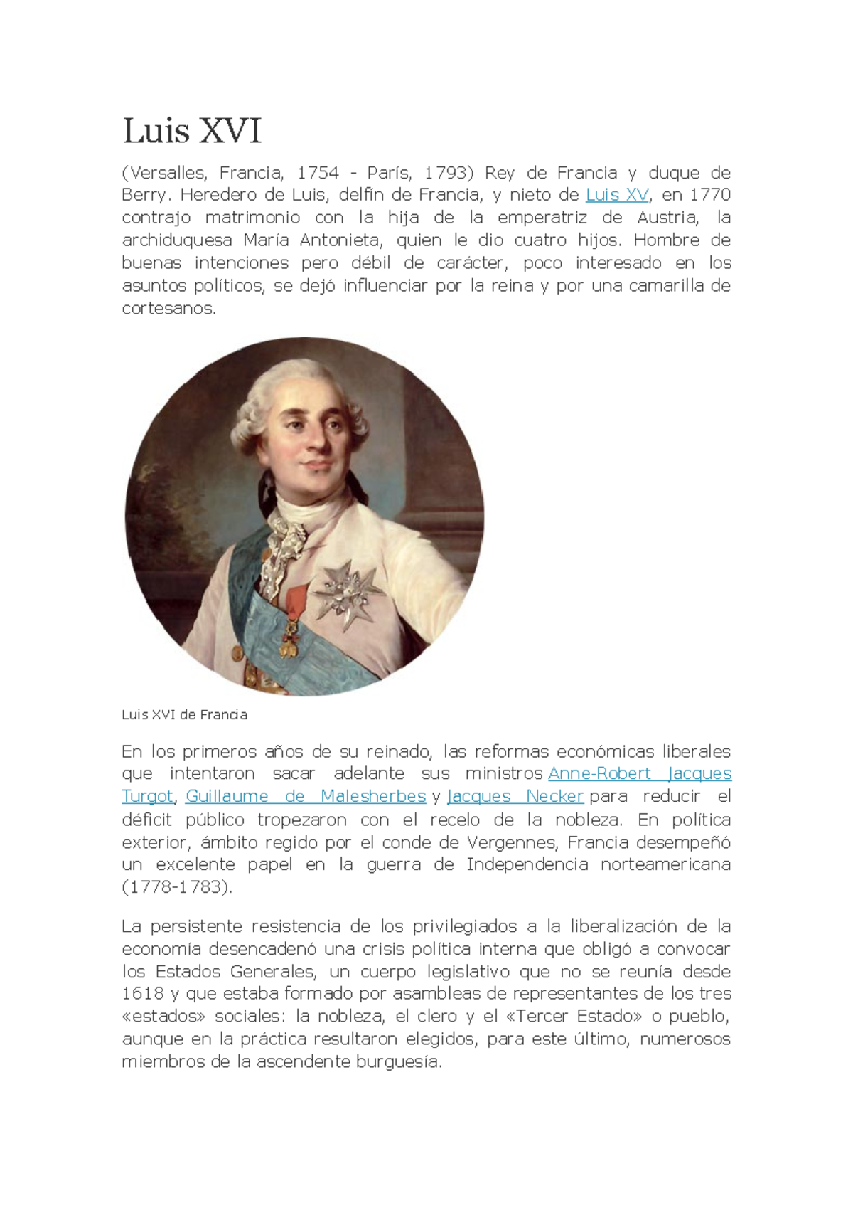 Luis XVI - Resumen de Luis XVI - Luis XVI (Versalles, Francia, 1754 - París, 1793) Rey de ...