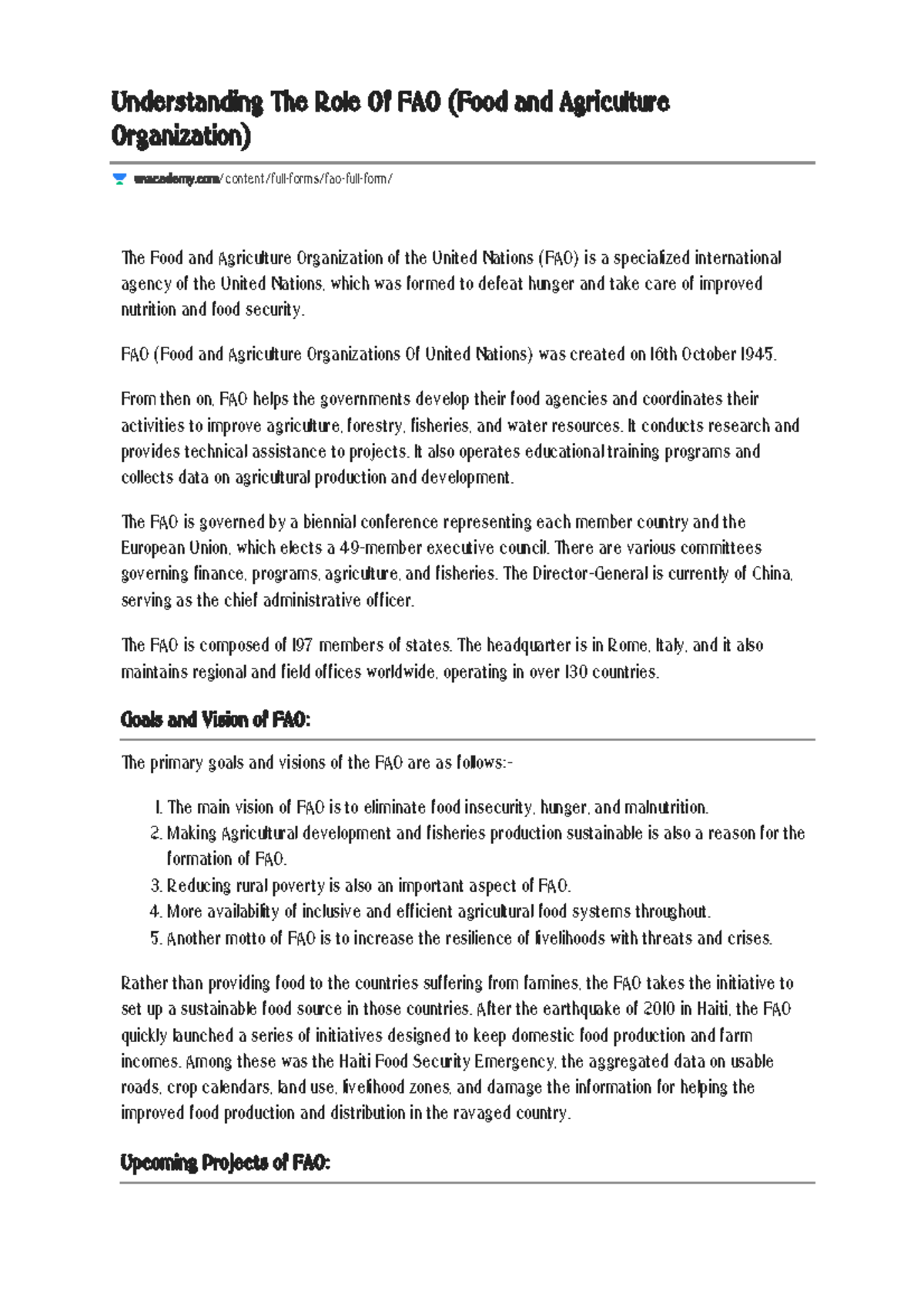 FAO - Too good notes - Understanding The Role Of FAO (Food and ...