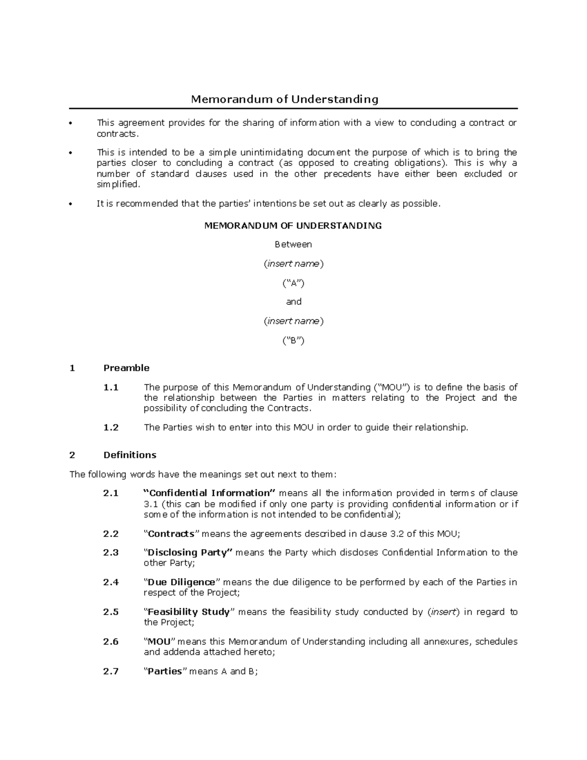 Precedent 1 Memorandum of Understanding - Memorandum of Understanding ...