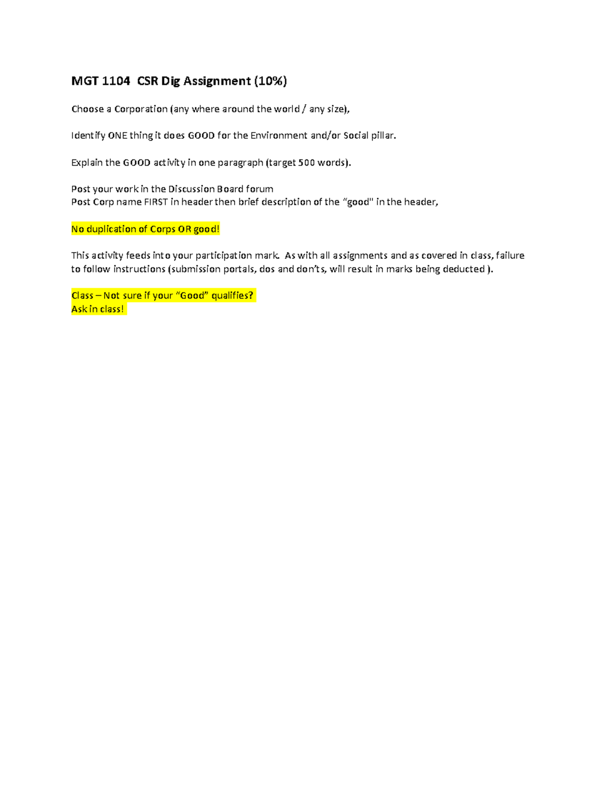 MGT 1104 CSR Dig - cjfjf - MGT 1104 CSR Dig Assignment (10%) Choose a ...