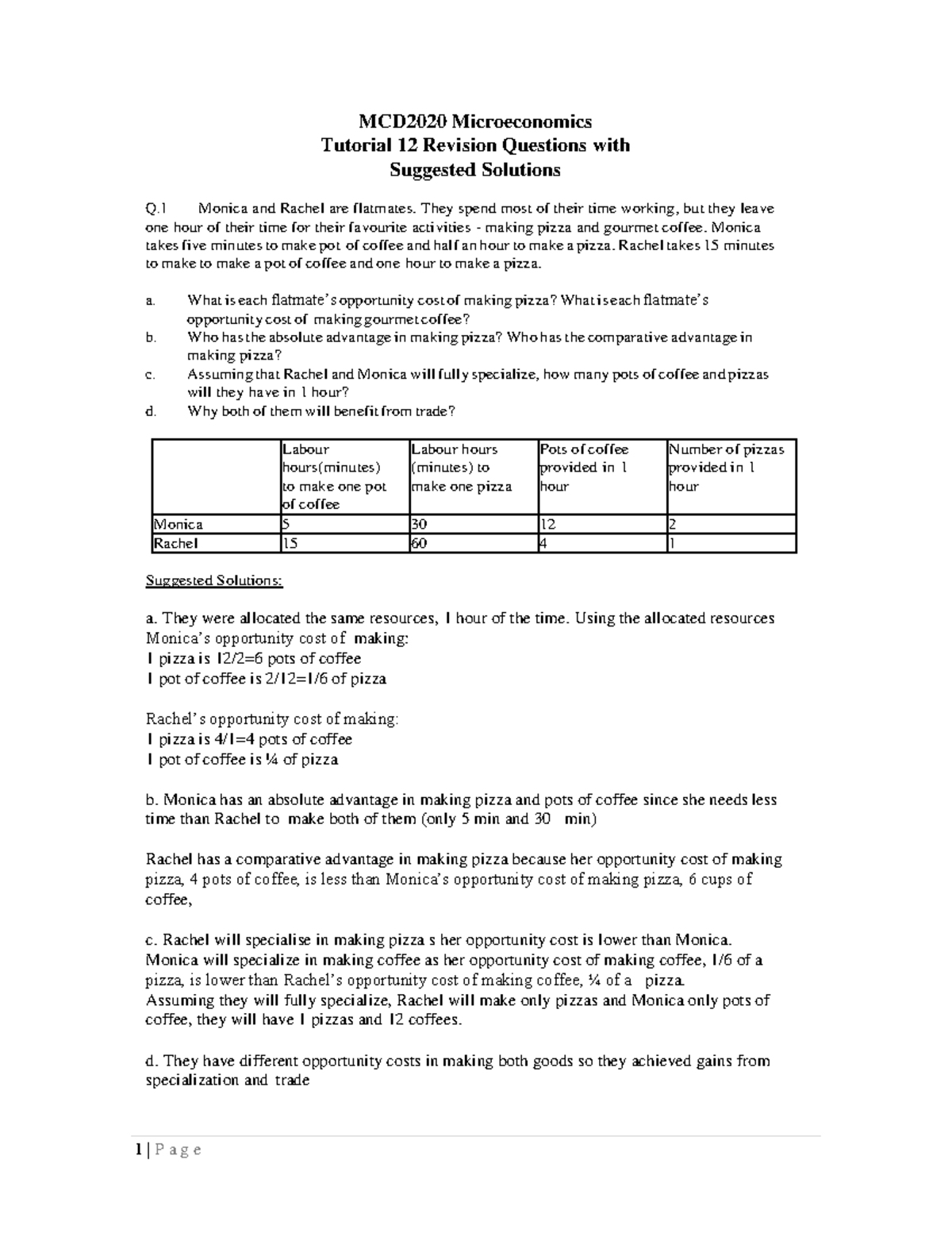 MCD2020 Week 12 Revision Tutorial Solutions - MCD2020 Microeconomics Tutorial 12 Revision ...