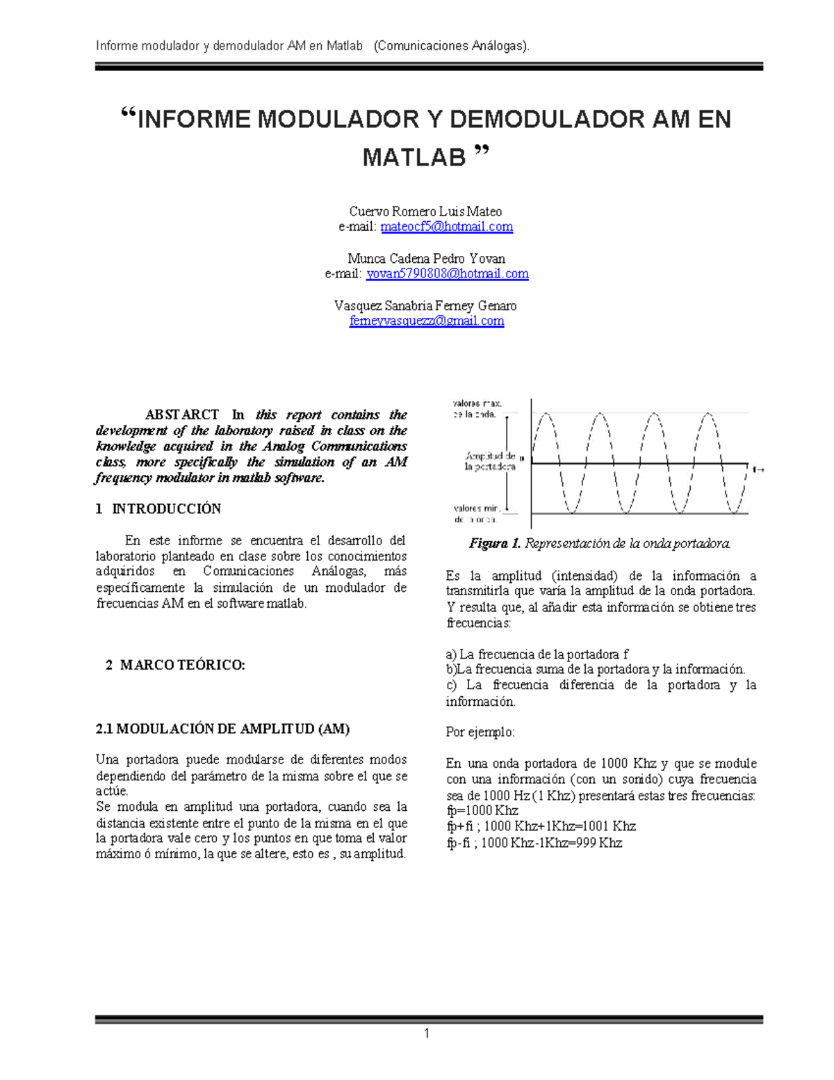 Informe Modulador AM EN Matlab - . “ INFORME MODULADOR Y DEMODULADOR AM ...