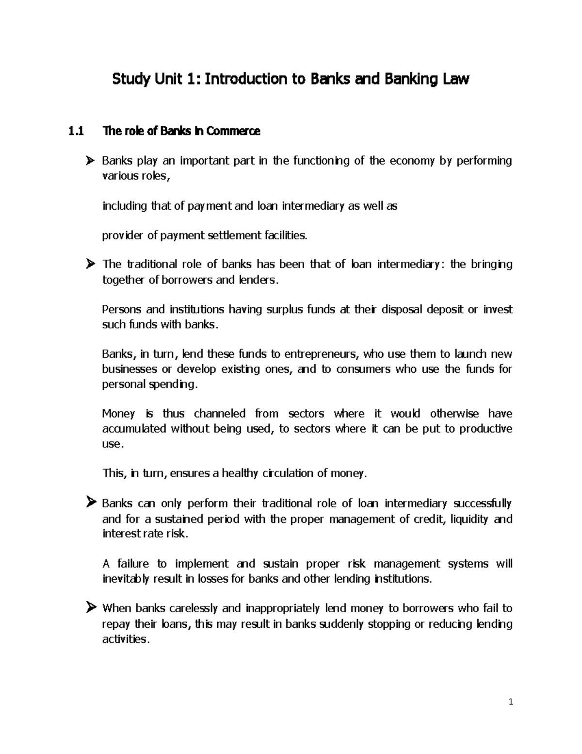 SU1 Introduction to Banks and Banking Law (Auto Recovered) - Study Unit ...