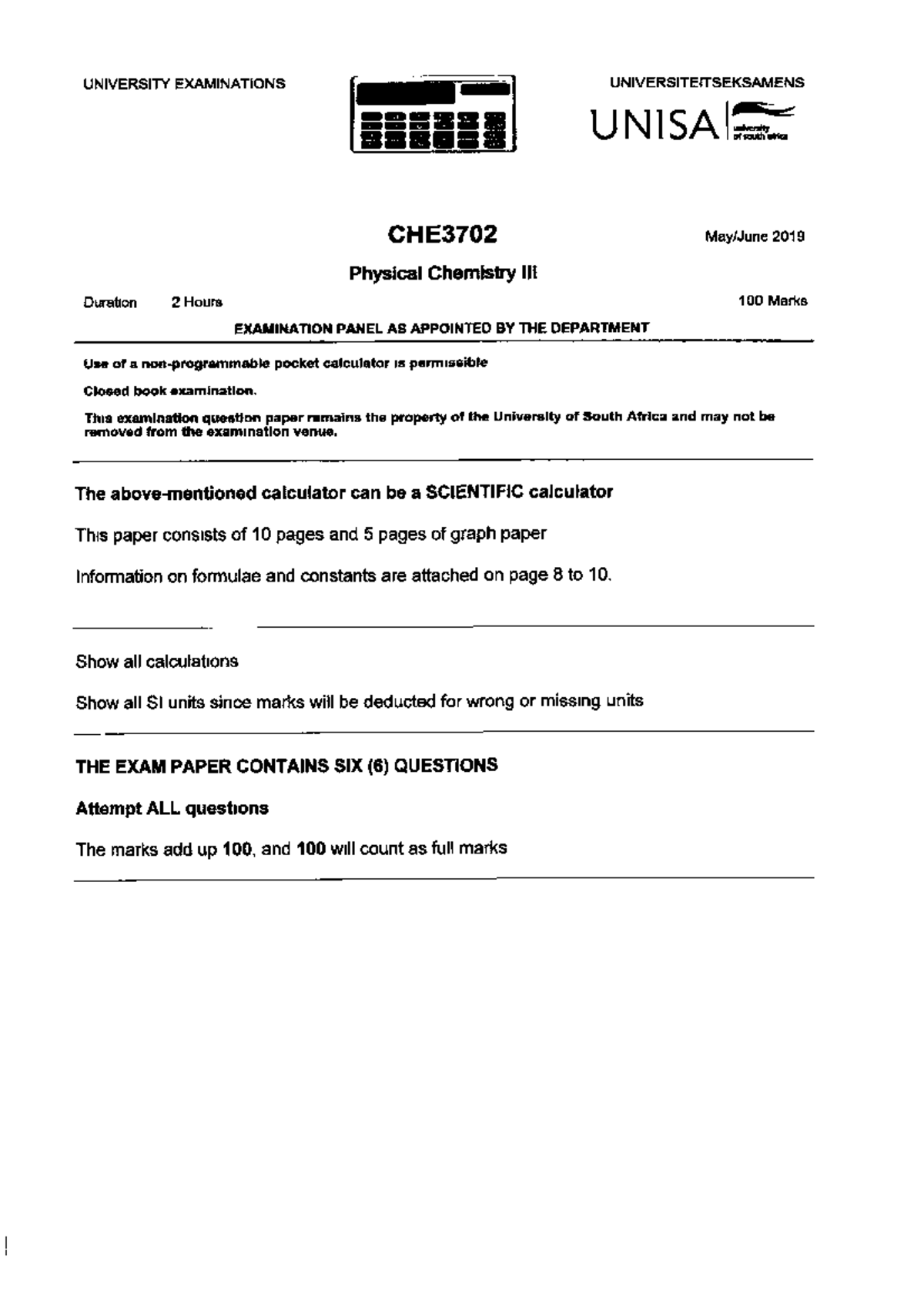 CHE3702 2019 6 E 1 - Exam - CHE3702 - Studocu