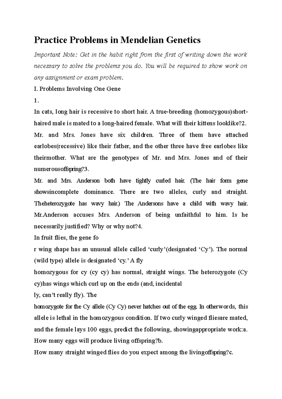 Practice Problems In Mendelian Genetics Practice Problems In Mendelian Genetics Important Note