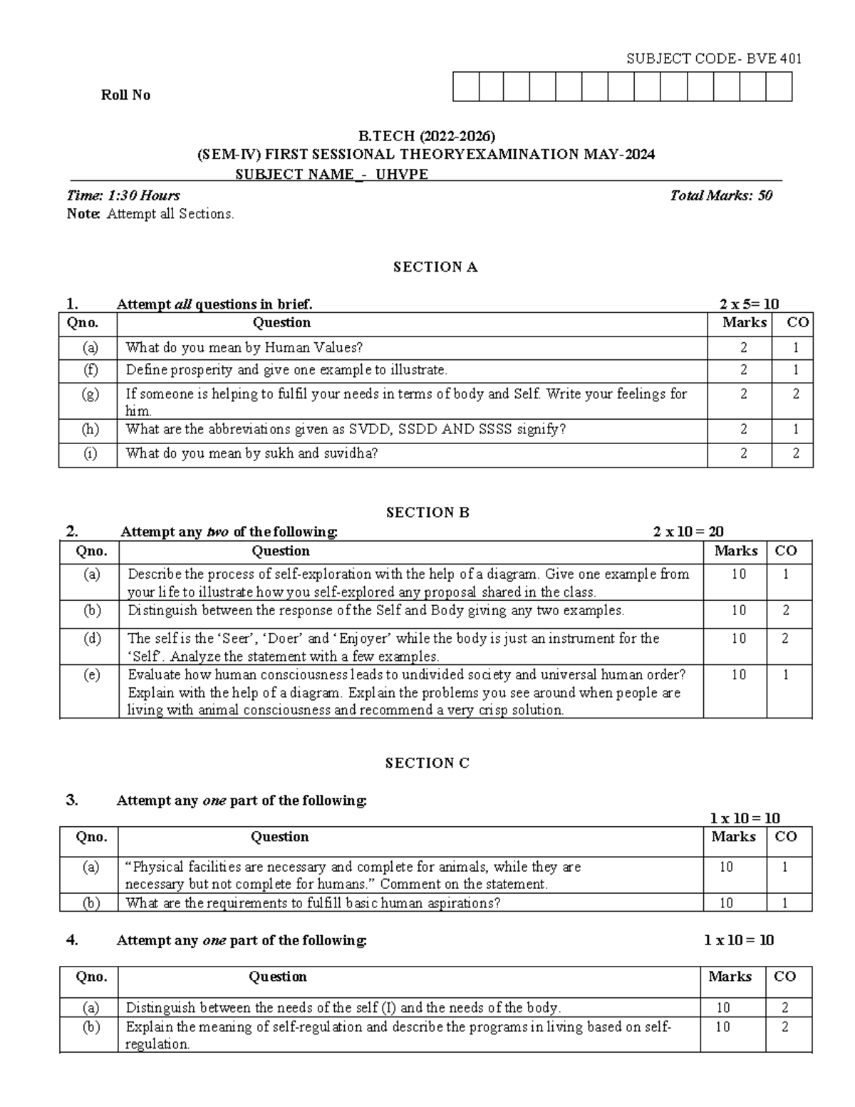 Updated uhv sessional paper 1 - SUBJECT CODE- BVE 401 Roll No B (2022 ...