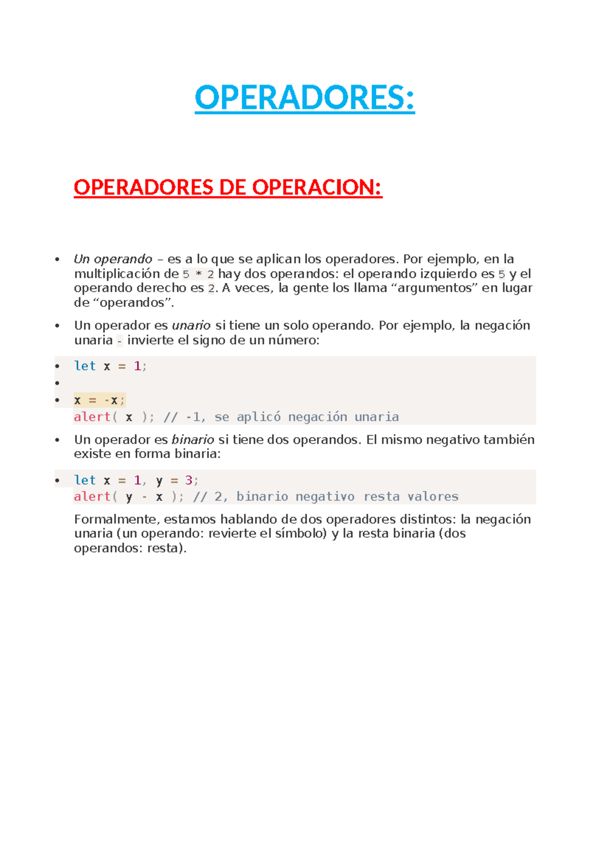 Operadores - OPERADORES: OPERADORES DE OPERACION: Un operando – es a lo ...
