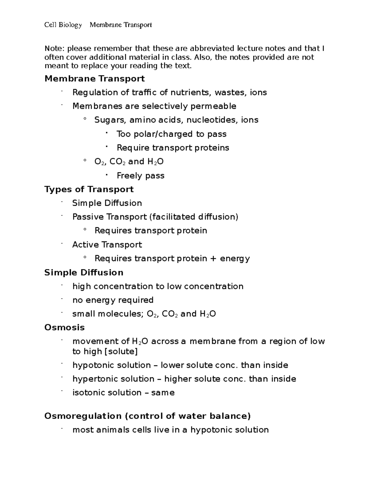 Membrane Transport - Cell Biology Membrane Transport Note: please ...