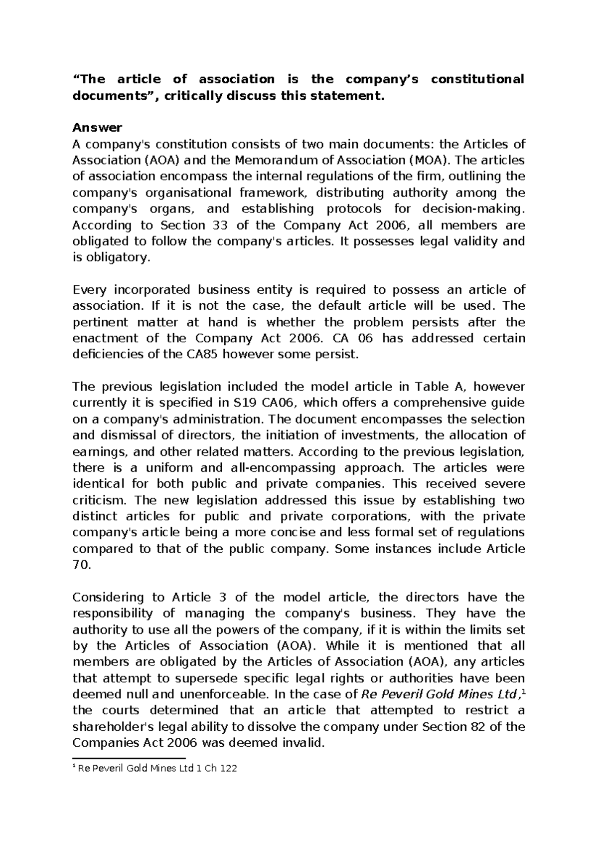 The article of association is the company's constitution - “The article ...