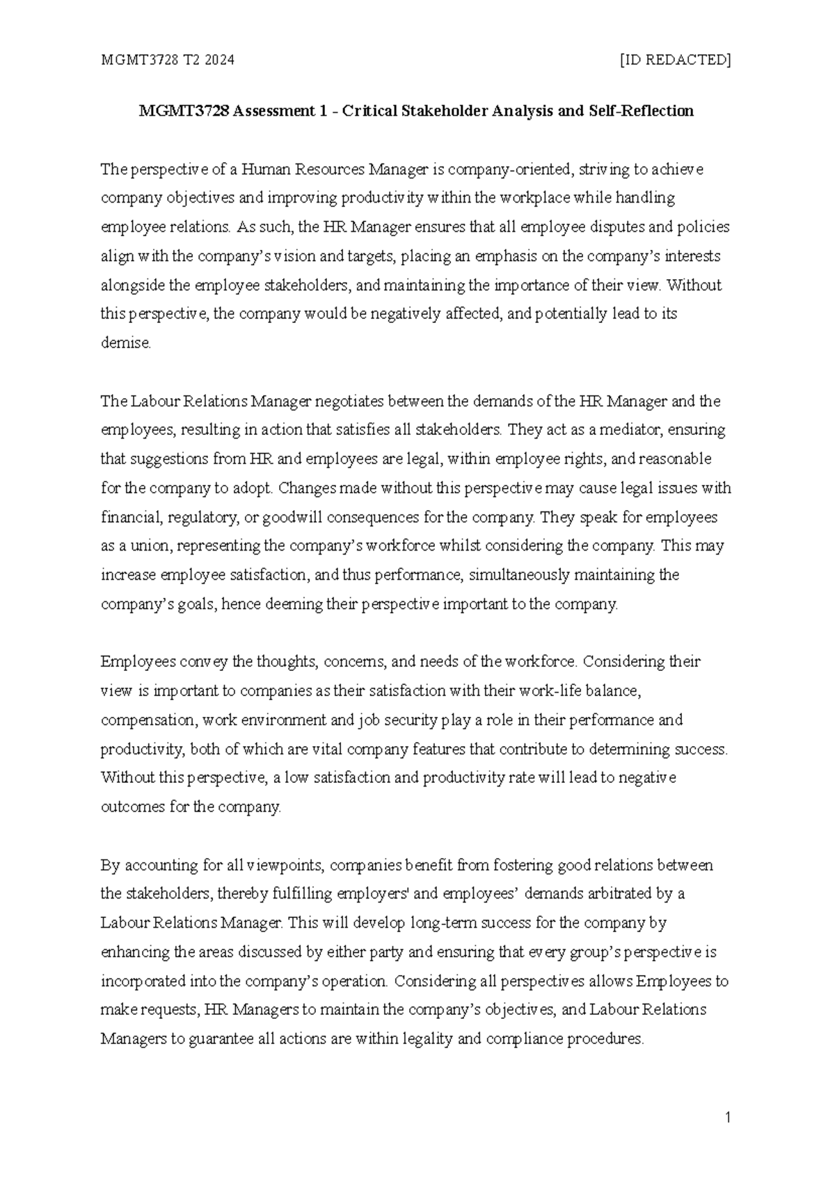 MGMT3728 Assignment #1 - Critical Stakeholder Analysis and Self ...