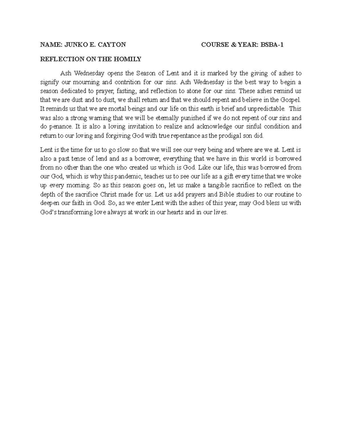 Reflection regarding Ash wednesday - NAME: JUNKO E. CAYTON COURSE ...