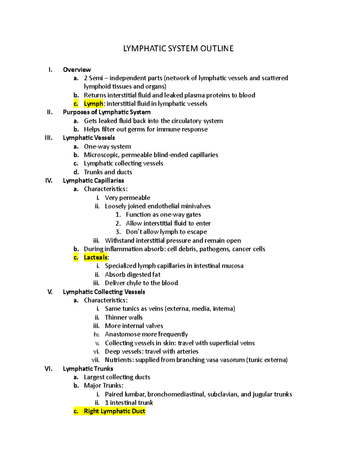 LS, IS, RS Outline - Based on notes from class (Lymphatic System ...