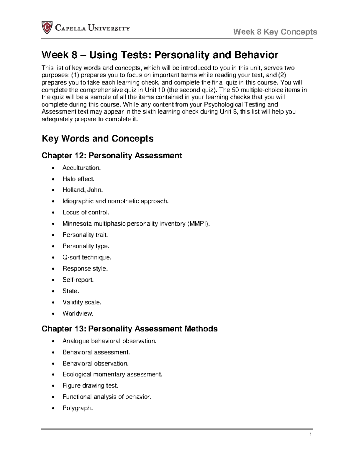 PSY7610 WK8 - notes - zyxwvu \f CAPELLA UNIVERSITY Week 8 Key Concepts ...