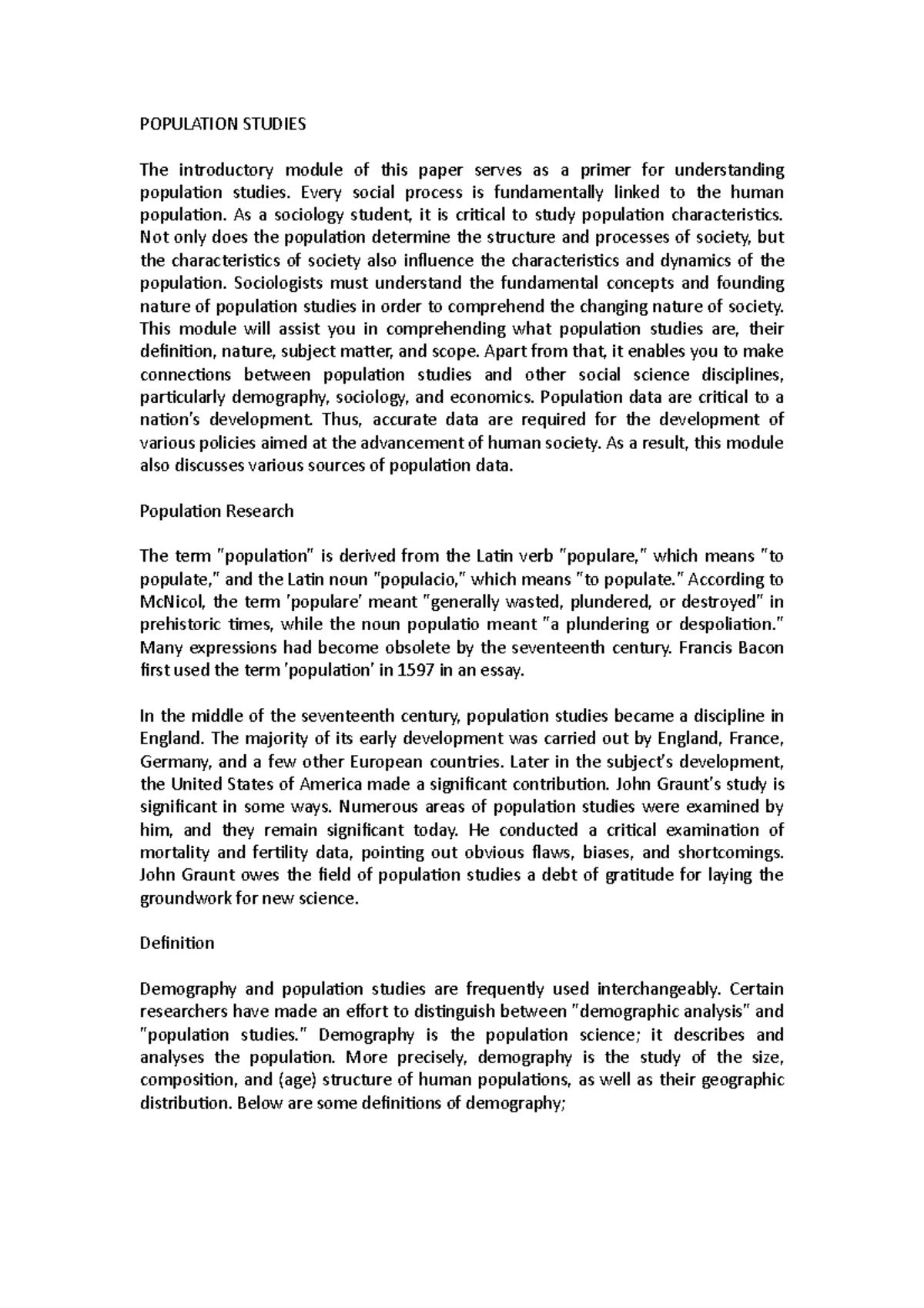 Population Studies - Lecture notes 19 - POPULATION STUDIES The ...