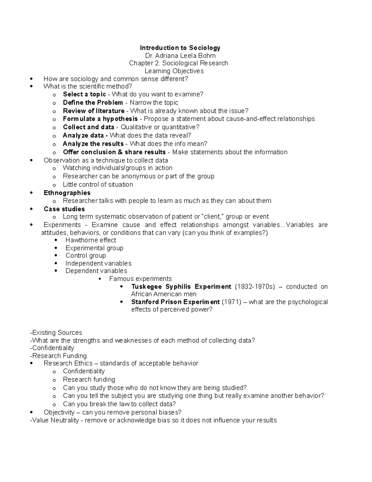 Chapter 2 Learning Objectives - Introduction to Sociology Dr. Adriana ...
