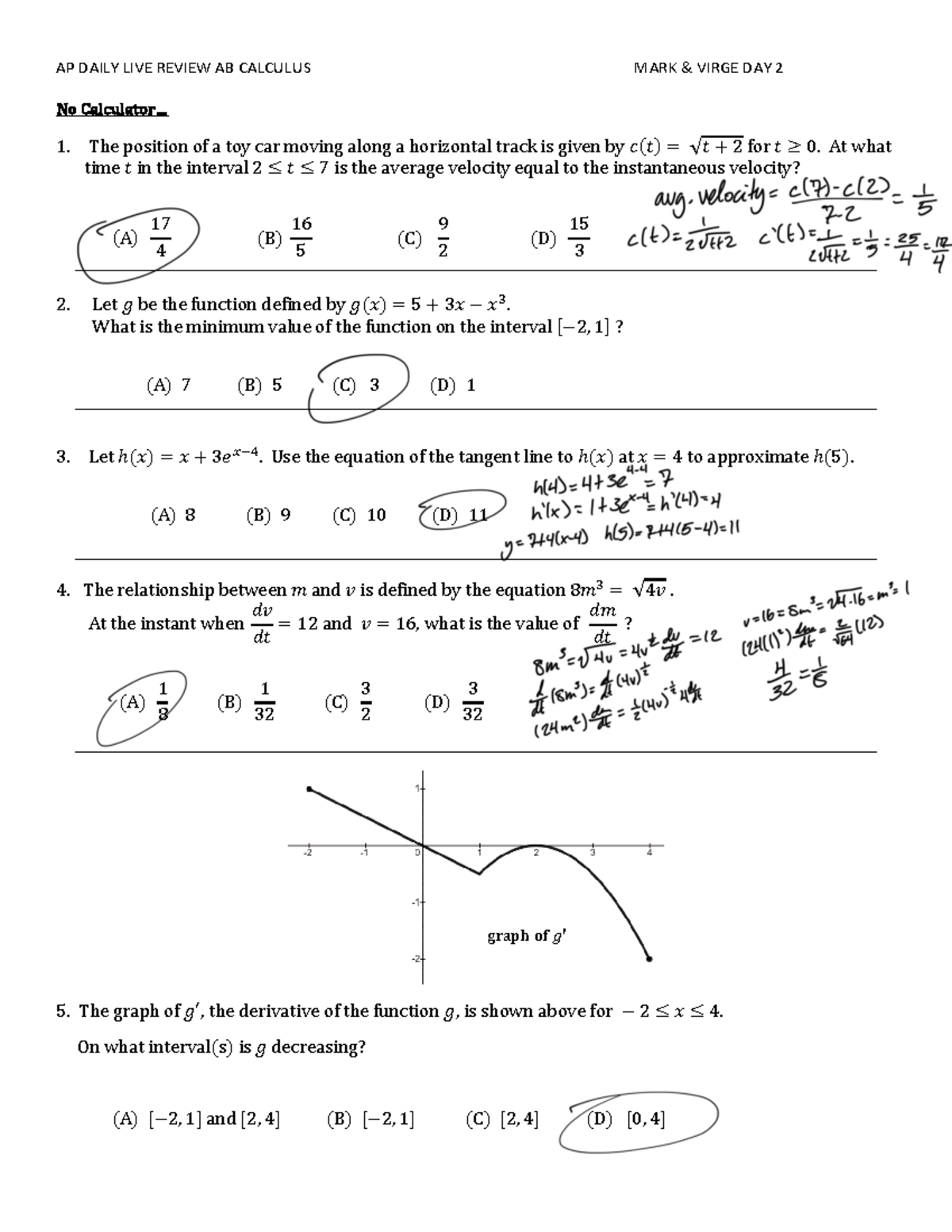 Day 2 - ap calculus end of year exam prep day 2 - No Calculator... The ...