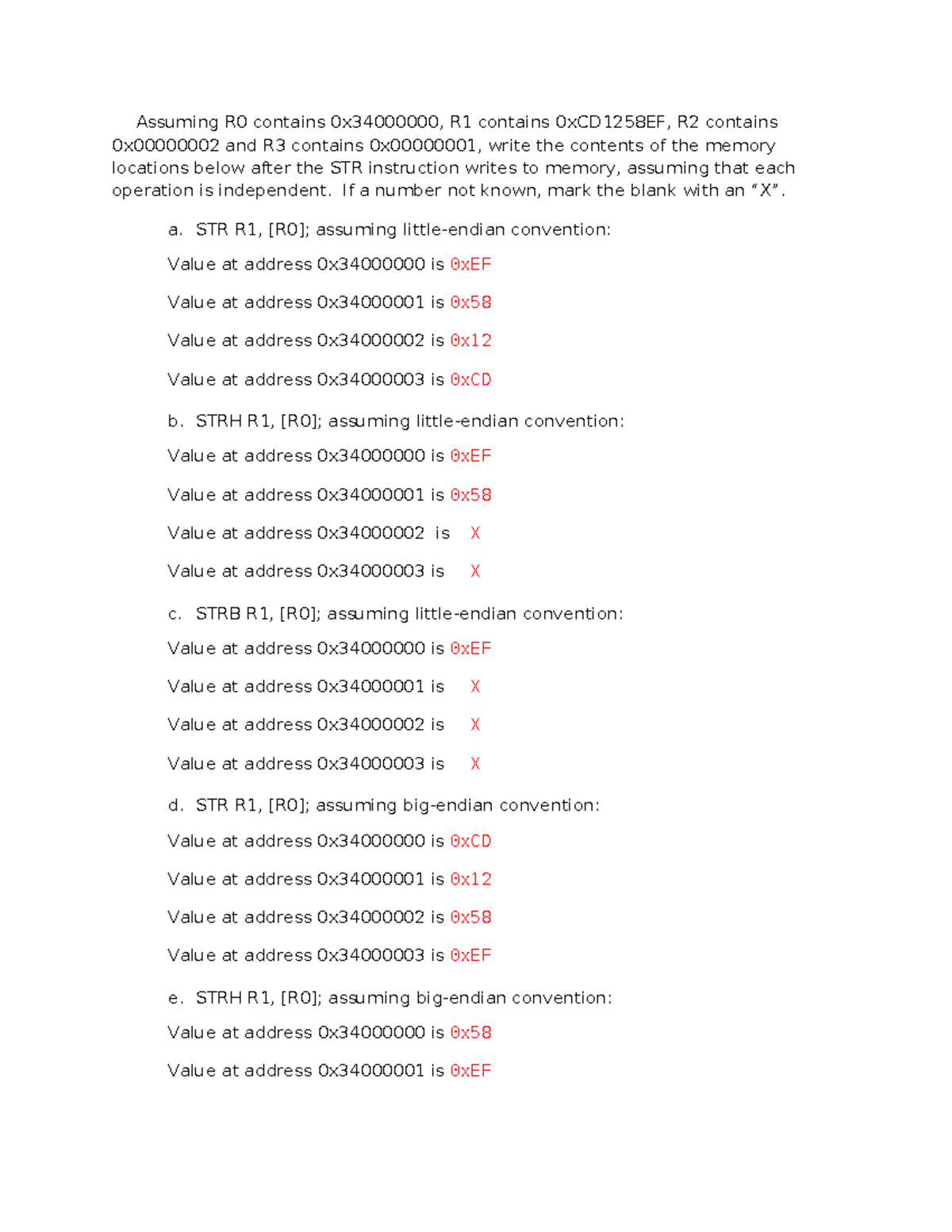 Howework 3 1st part - CSE 2312 - 3. Assuming R0 contains 0x34000000, R1 contains 0xCD1258EF, R2 ...