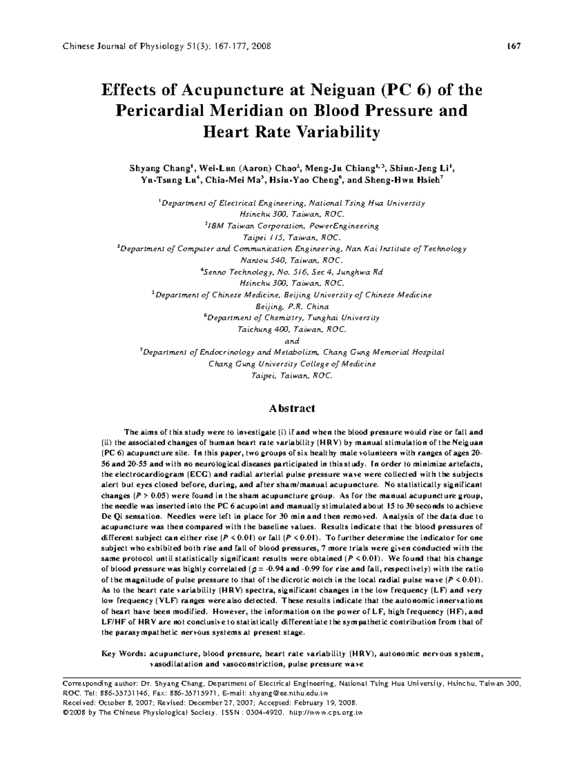Effects of Acupuncture at Neiguan (PC 6) of the Pericardial Meridian on ...