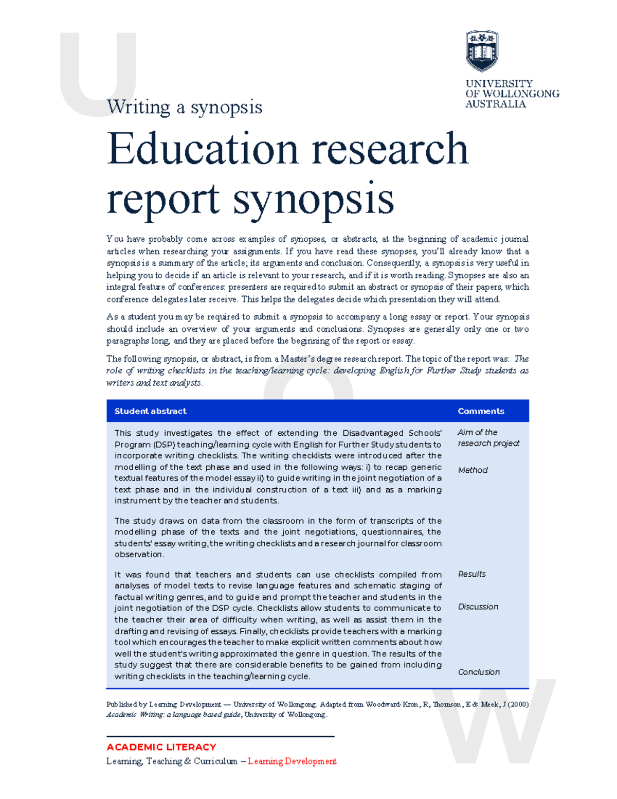 Report synopsis format - ACADEMIC LITERACY Learning, Teaching ...