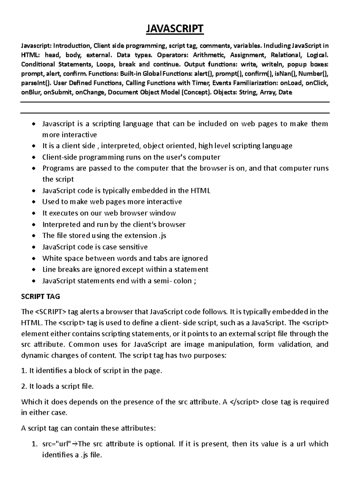 Javascript module 2 - JAVASCRIPT Javascript: Introduction, Client side programming, script tag ...