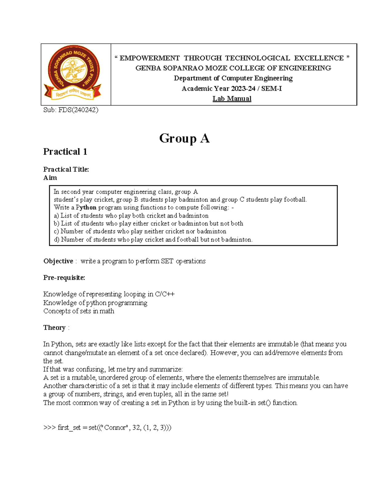 Dsl Practical “ Empowerment Through Technological Excellence ” Genba Sopanrao Moze College Of