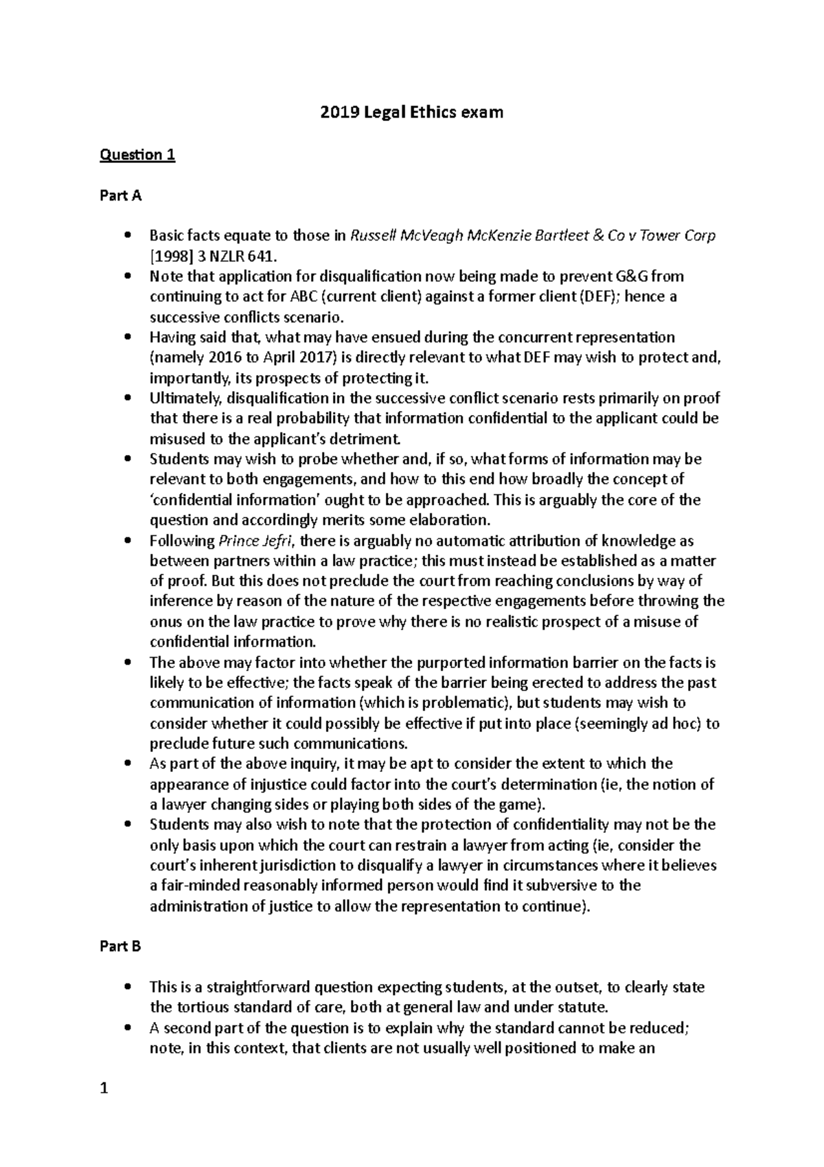 Exam 2019 and 2016 - 2019 Legal Ethics exam Question 1 Part A Basic ...
