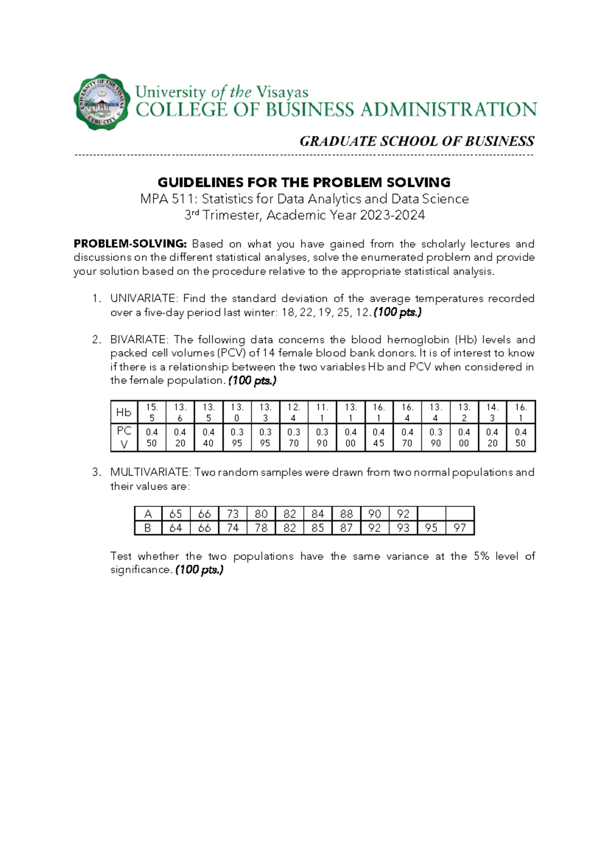 Guidelines For The Problem Solving Guidelines For The Problem Solving Mpa 511 Statistics For 2927