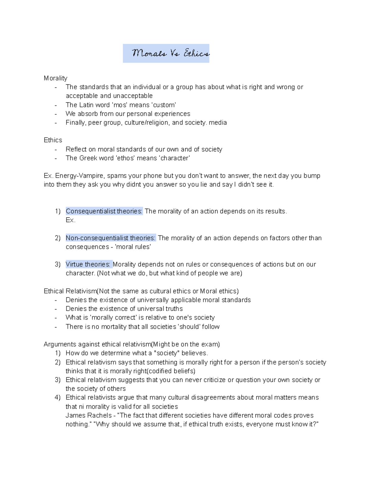 Morals Vs Ethics - Class Notes - Morals Vs Ethics Morality - The ...