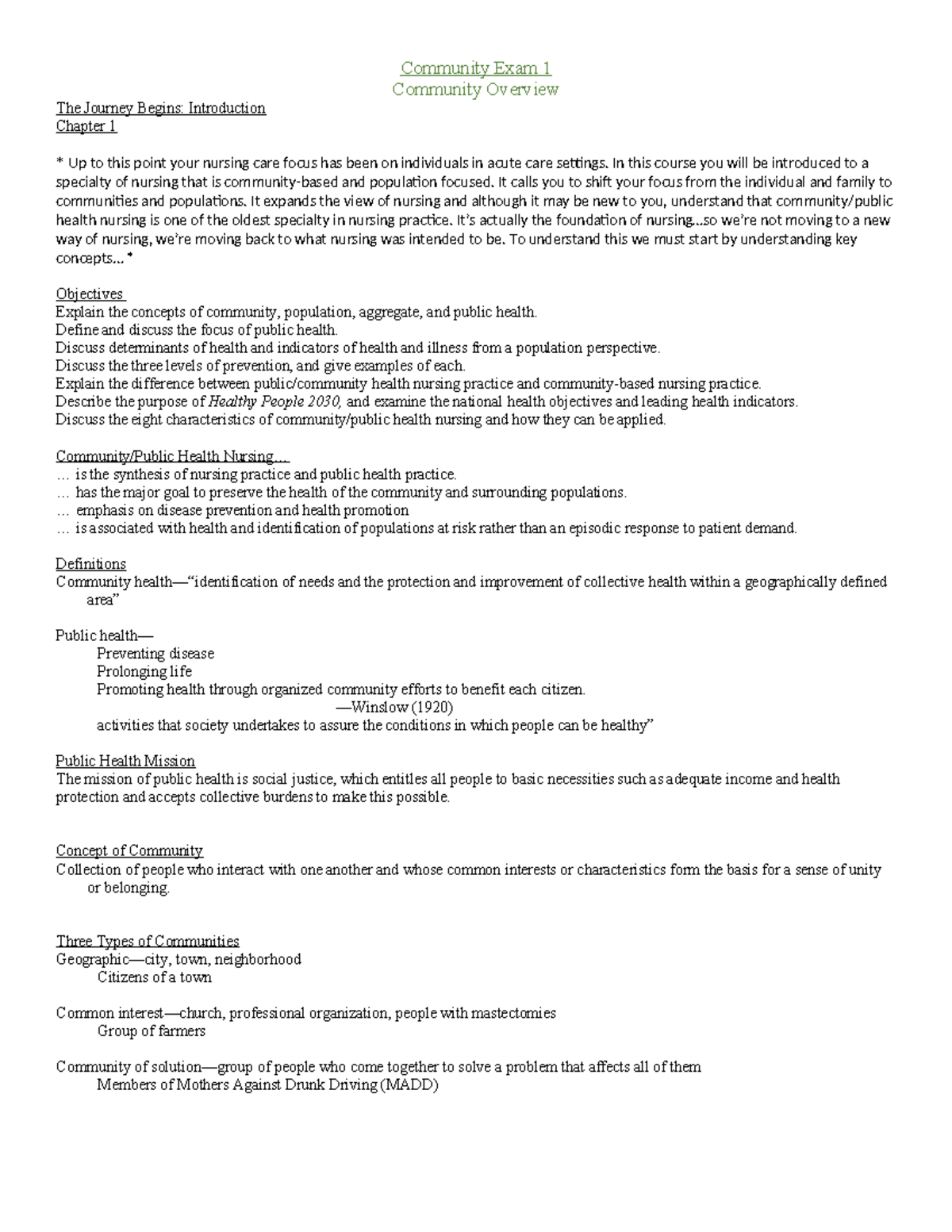 Community Exam 1 - notes - Community Exam 1 Community Overview The ...
