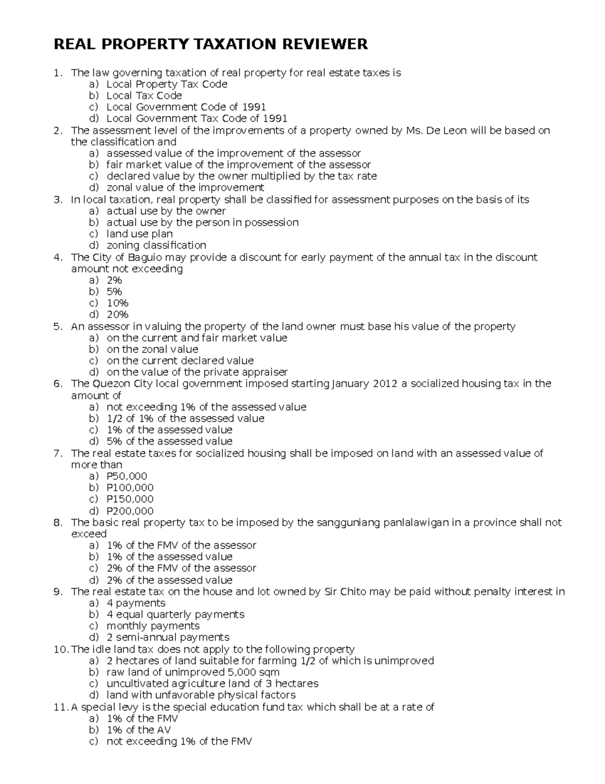 REAL Property Taxation Reviewer - REAL PROPERTY TAXATION REVIEWER The ...