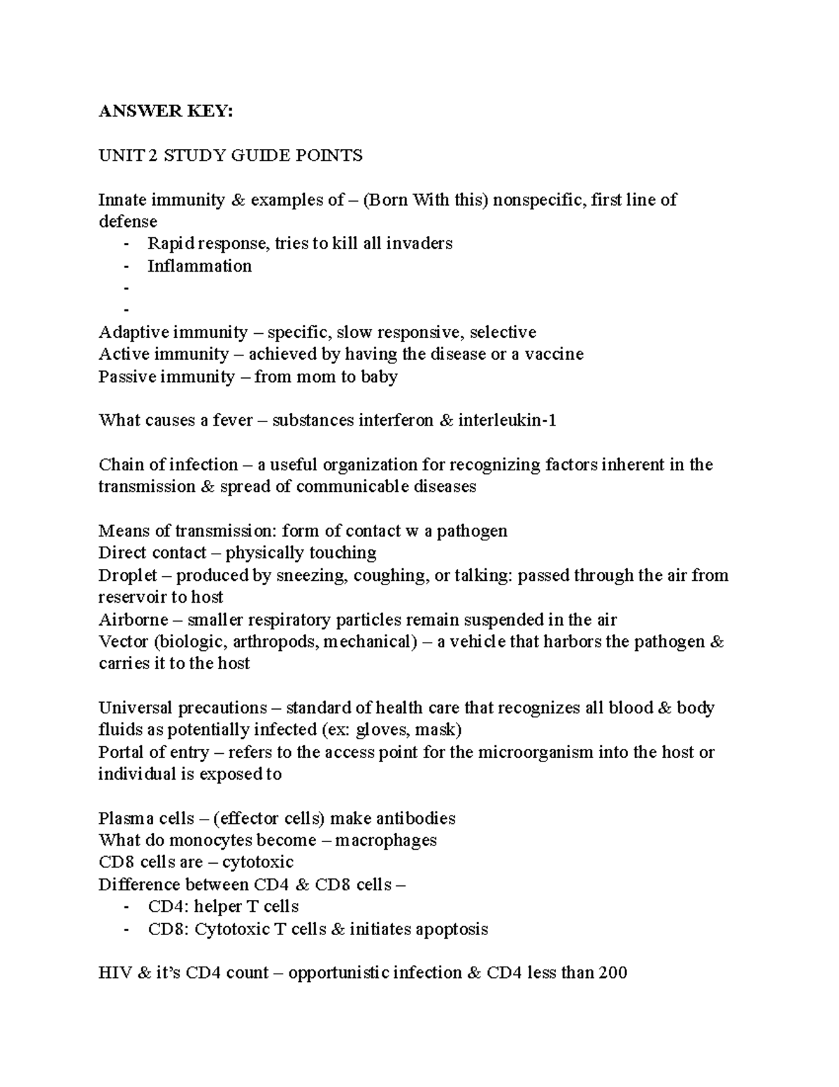 UNIT 2 answer key - ANSWER KEY: UNIT 2 STUDY GUIDE POINTS Innate ...