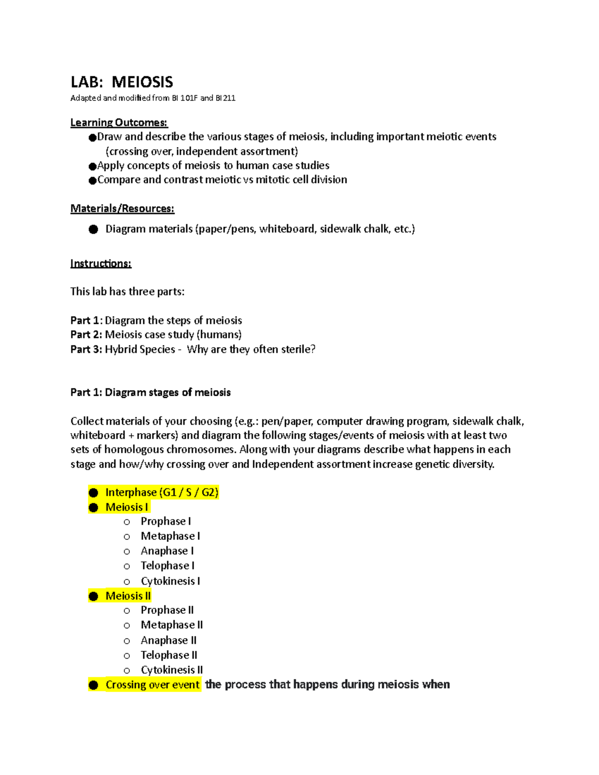 Lab Meiosis - LAB: MEIOSIS Adapted and modified from BI 101F and BI ...