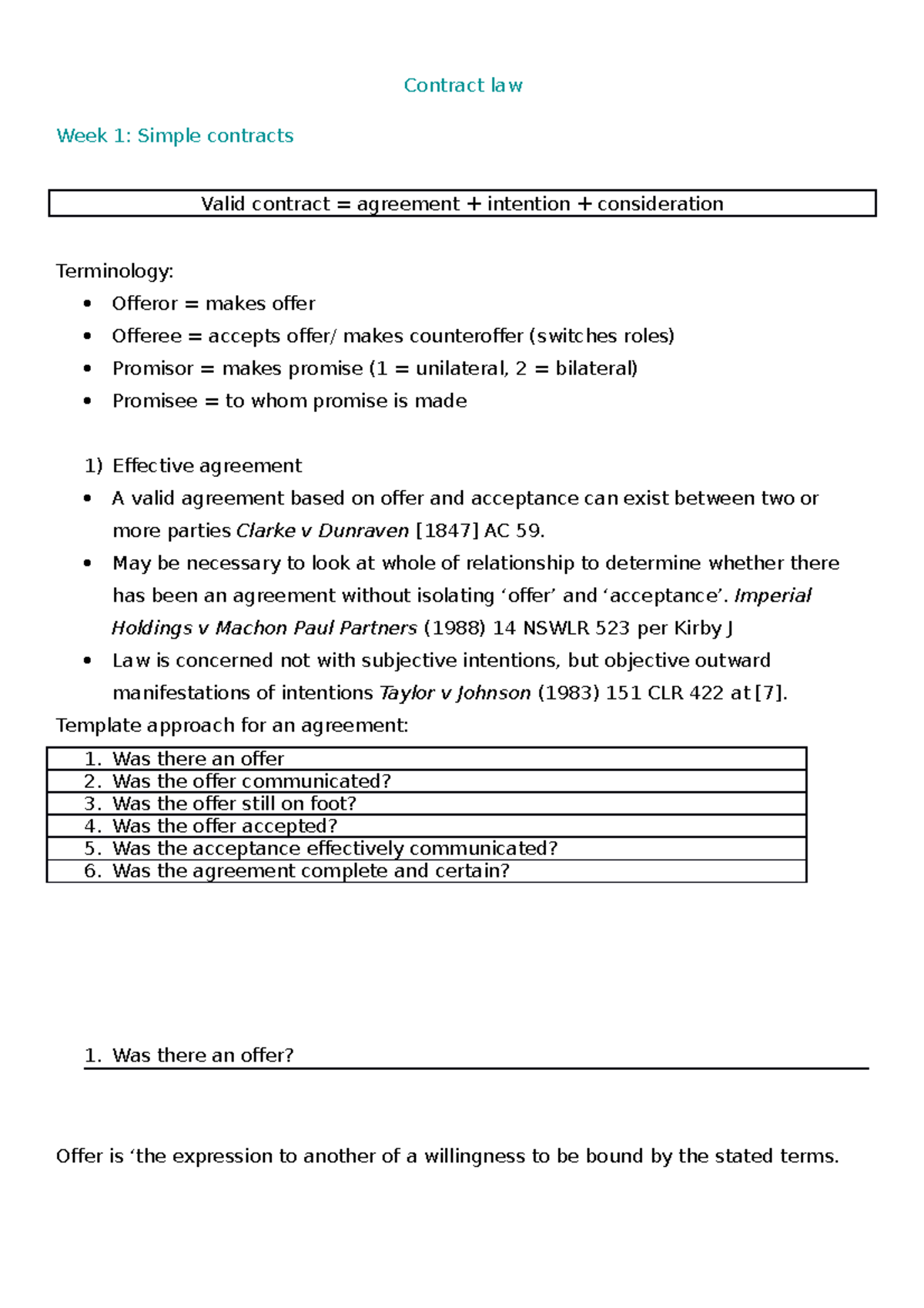 Contract law revision docx - Contract law Week 1: Simple contracts ...