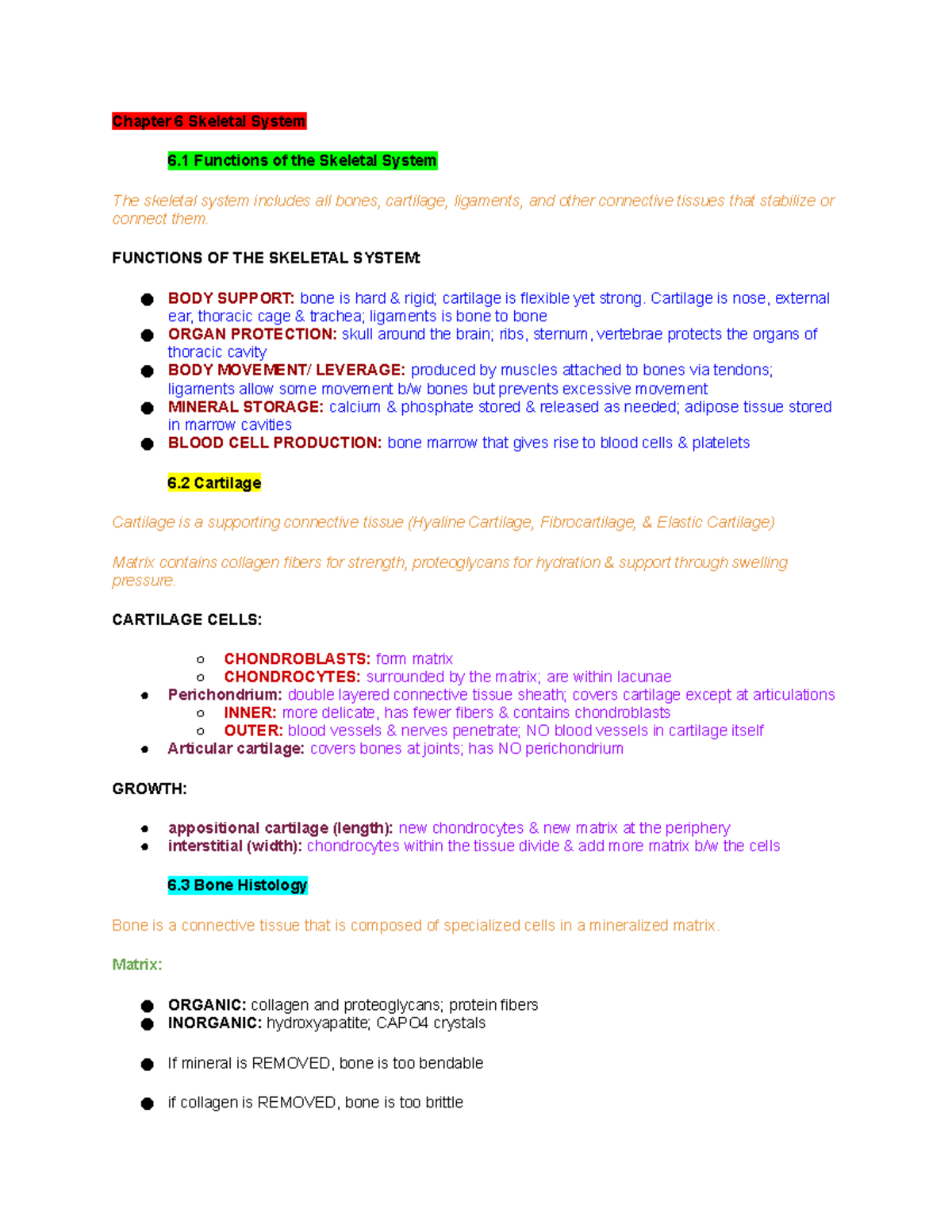 Chapter 6 Skeletal Notes - Chapter 6 Skeletal System 6 Functions of the ...