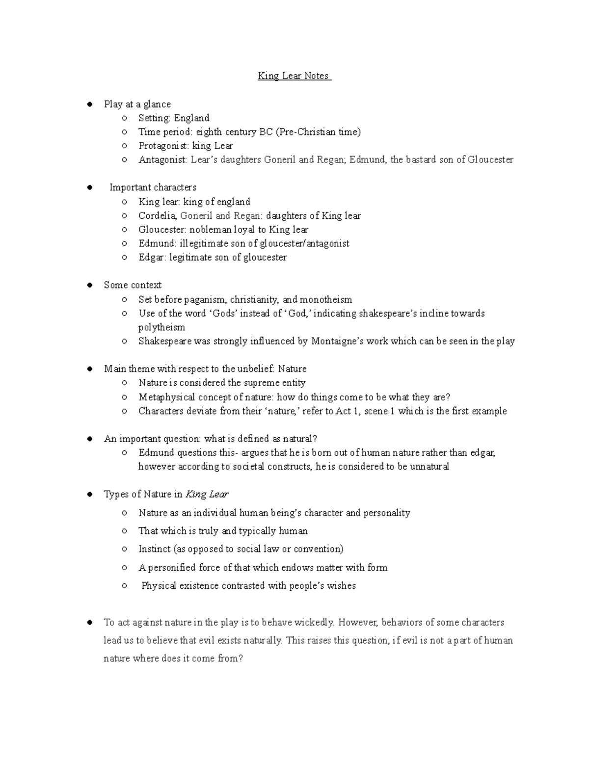 King Lear Notes - King Lear Notes Play at a glance Setting: England ...