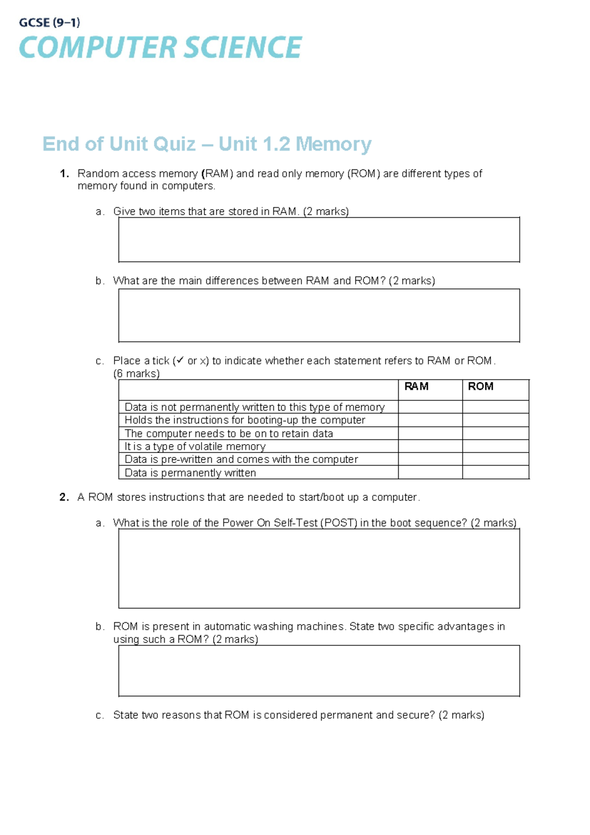 Memory Progress Check - ojasf - End of Unit Quiz – Unit 1 Memory Random ...