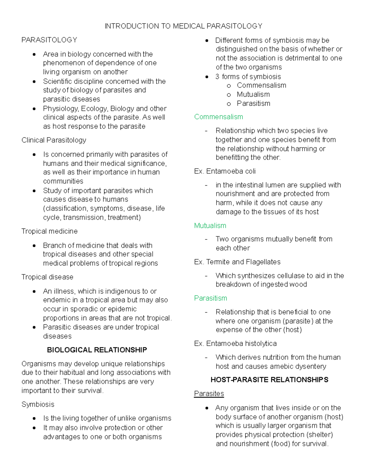 Prelim- Parasitology Notes LEC - INTRODUCTION TO MEDICAL PARASITOLOGY ...