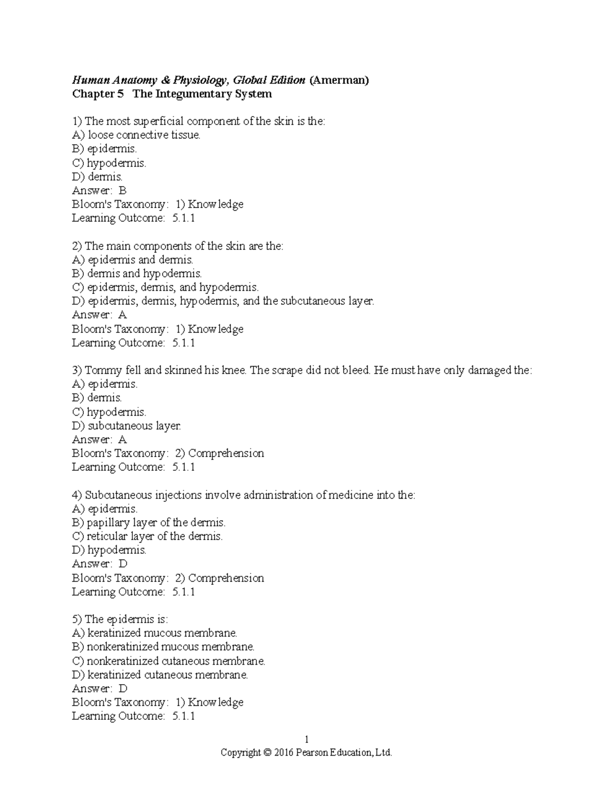 Chapter 5 Test Bank Amerman Human Anatomy Physiology Global