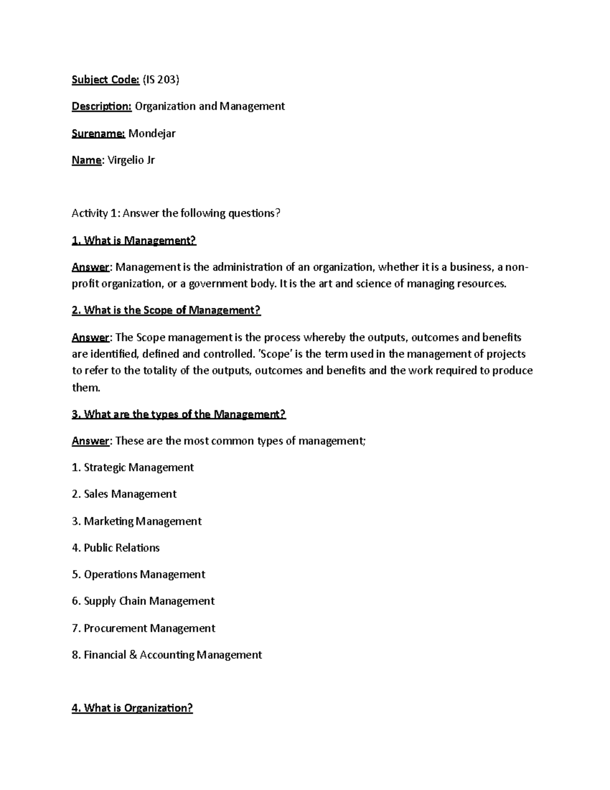 Organization and Management 1 - Subject Code: (IS 203) Description ...