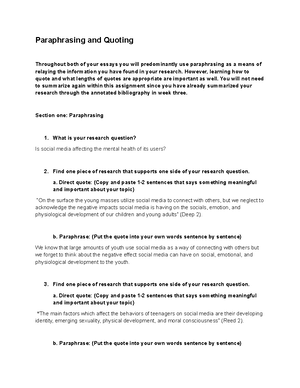 Paraphrasing, Summarizing, and Quoting Assignment - Paraphrasing and ...