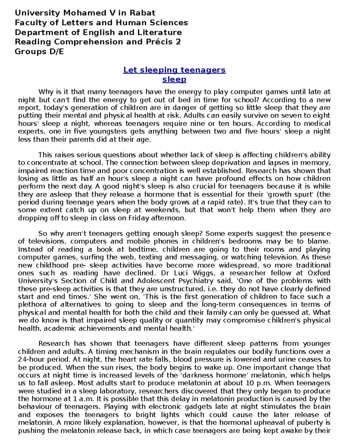 Reading comprehension Text 1 - University Mohamed V in Rabat Faculty of ...