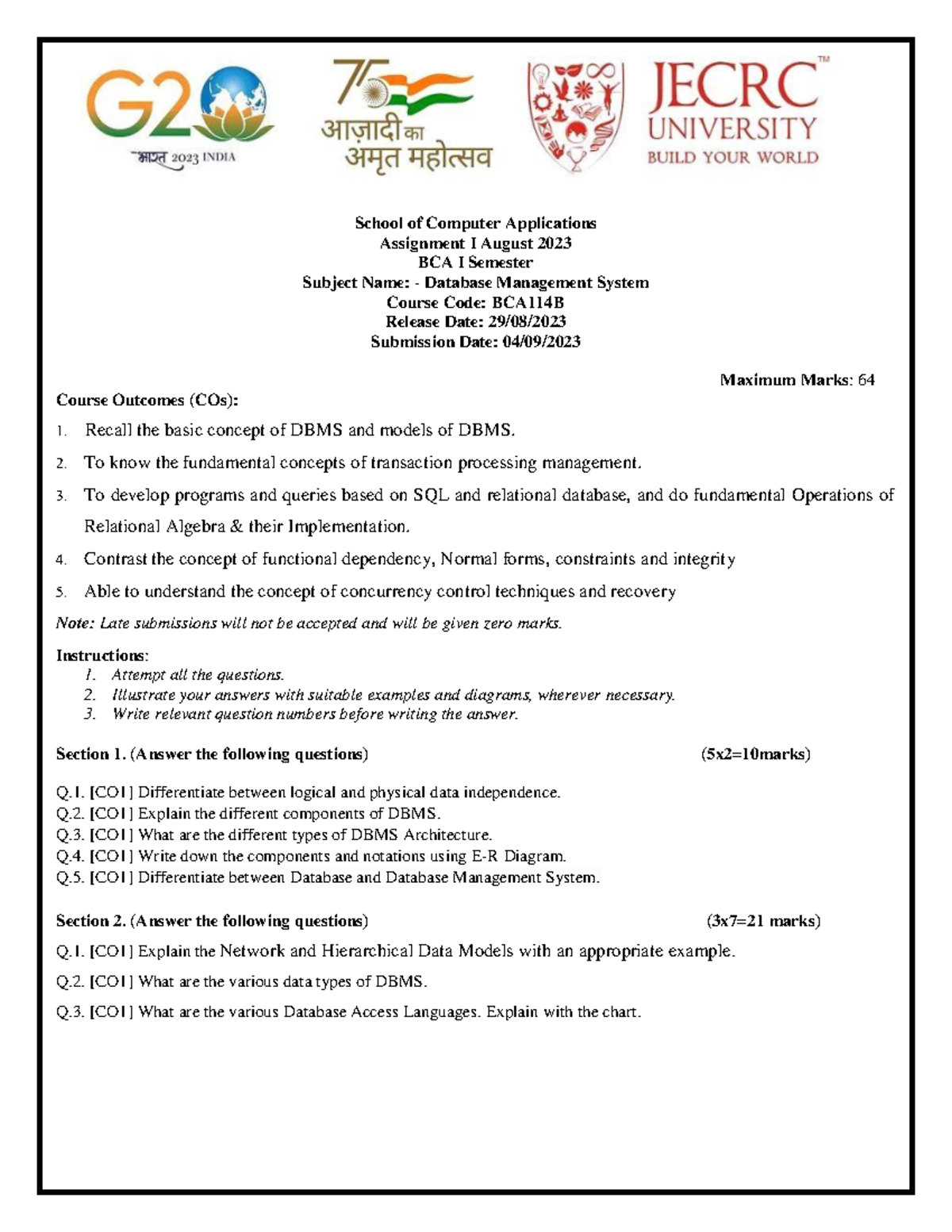 Dbms Assignment School Of Computer Applications Assignment I August 2023 Bca I Semester