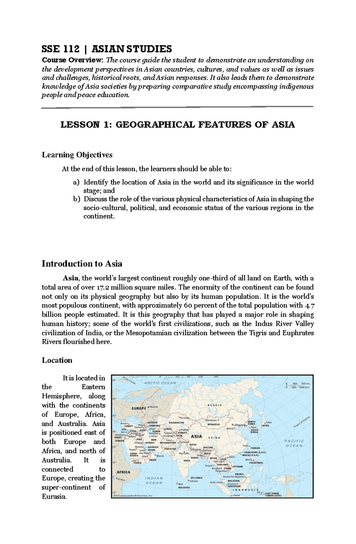 Lesson 1 Geographical Features of Asia - SSE 112 | ASIAN STUDIES Course ...