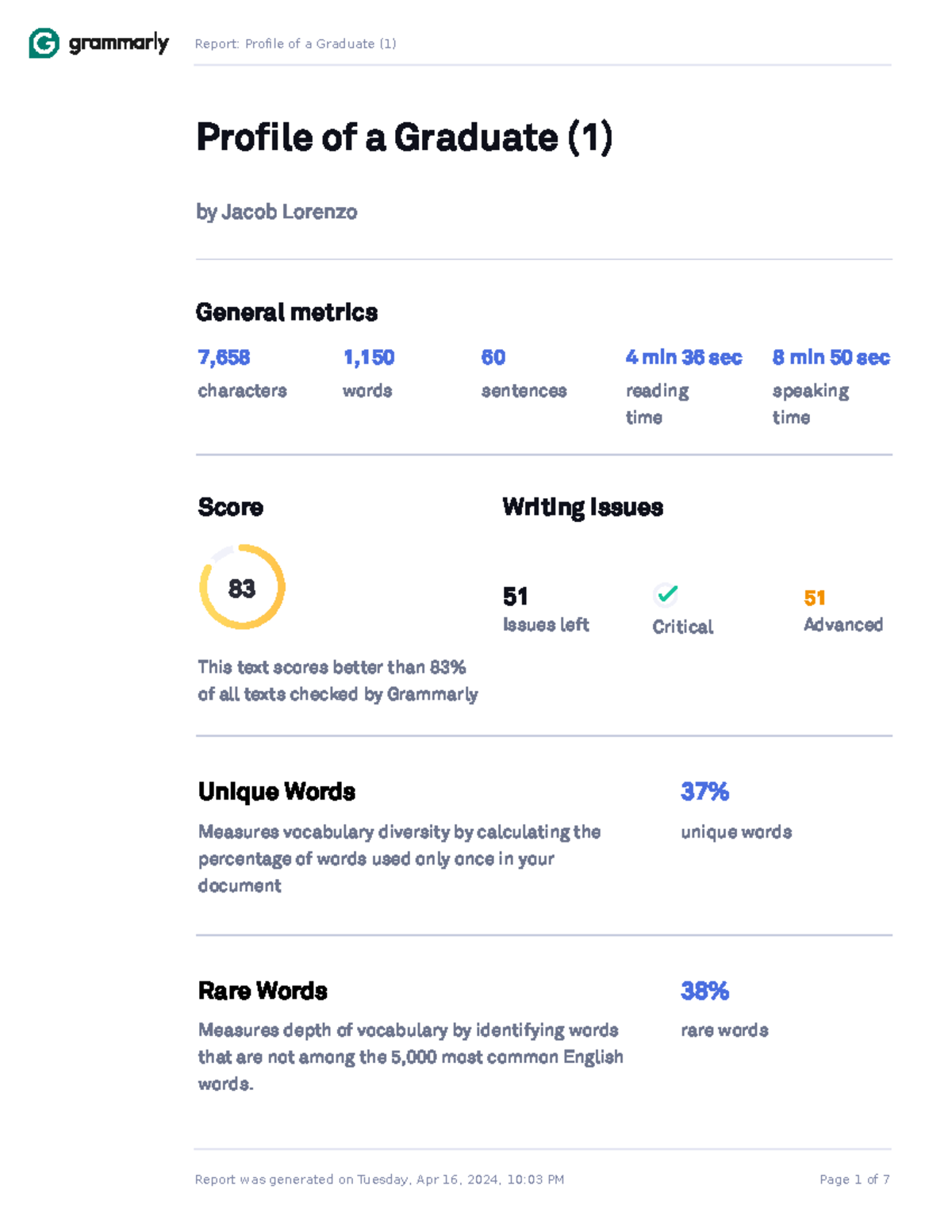 Report (27) - Prole of a Graduate (1) by Jacob Lorenzo General metrics ...