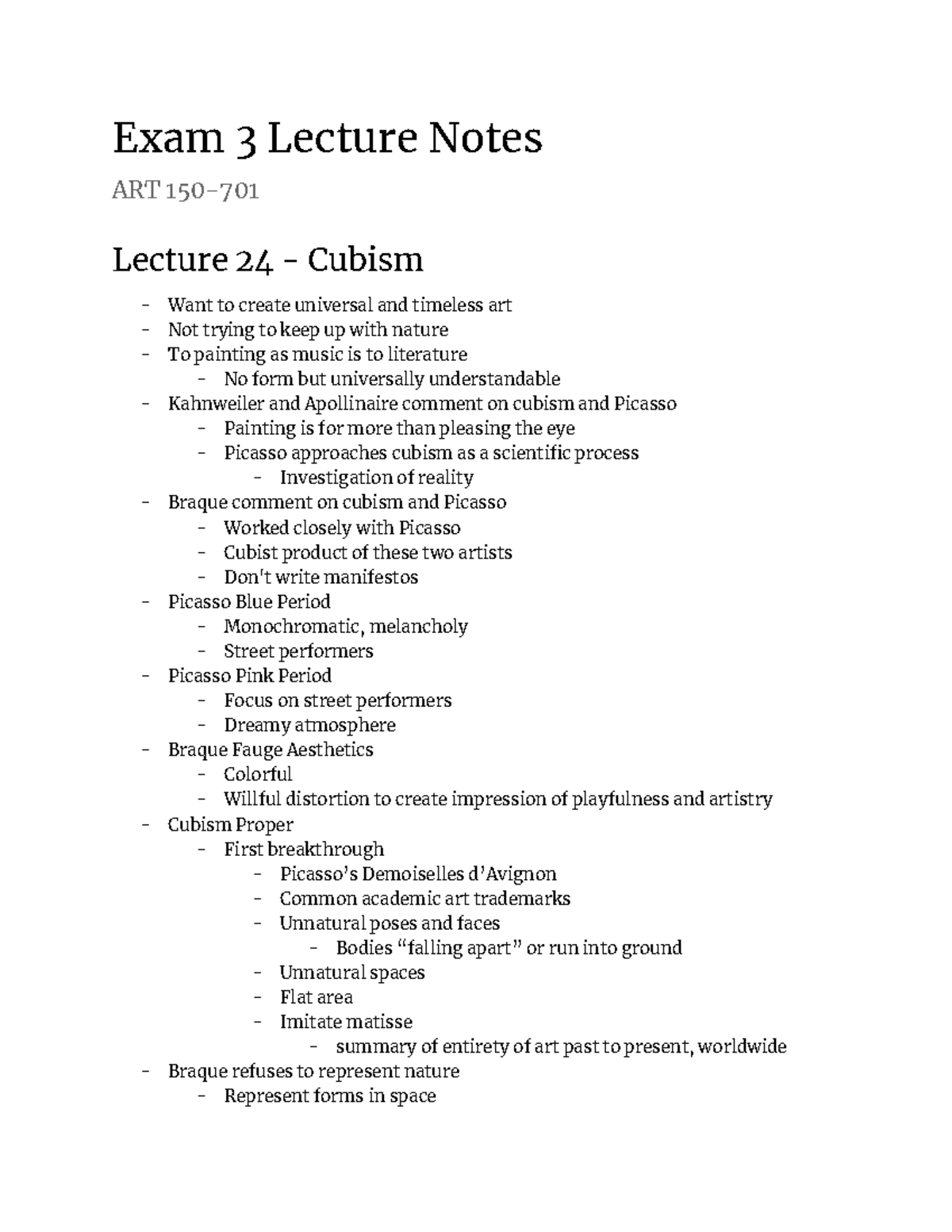 ART 150 Notes for Exam 3 - Exam 3 Lecture Notes ART 150- Lecture 24 ...